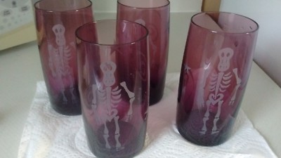 RARE HALLOWEEN Etched SKELETON Drinking Glasses highball tumblers ...