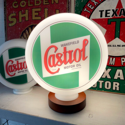 Castrol Wakefield Oil Gas Petrol Pump Globe with Wood LED Lamp Base UK ...