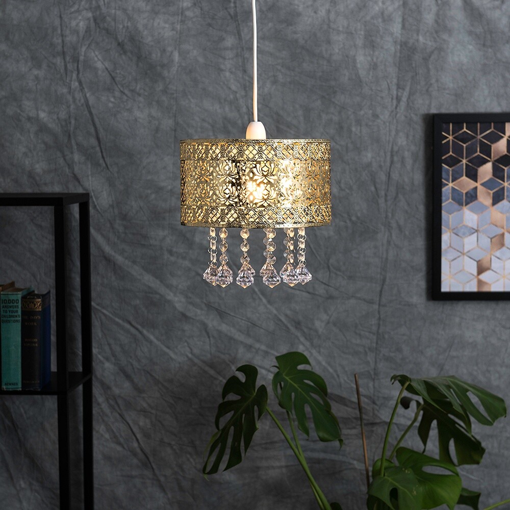 Gold Ceiling Light Shade Pendant Drum Lampshade Jewel Droplets LED Bulb ...