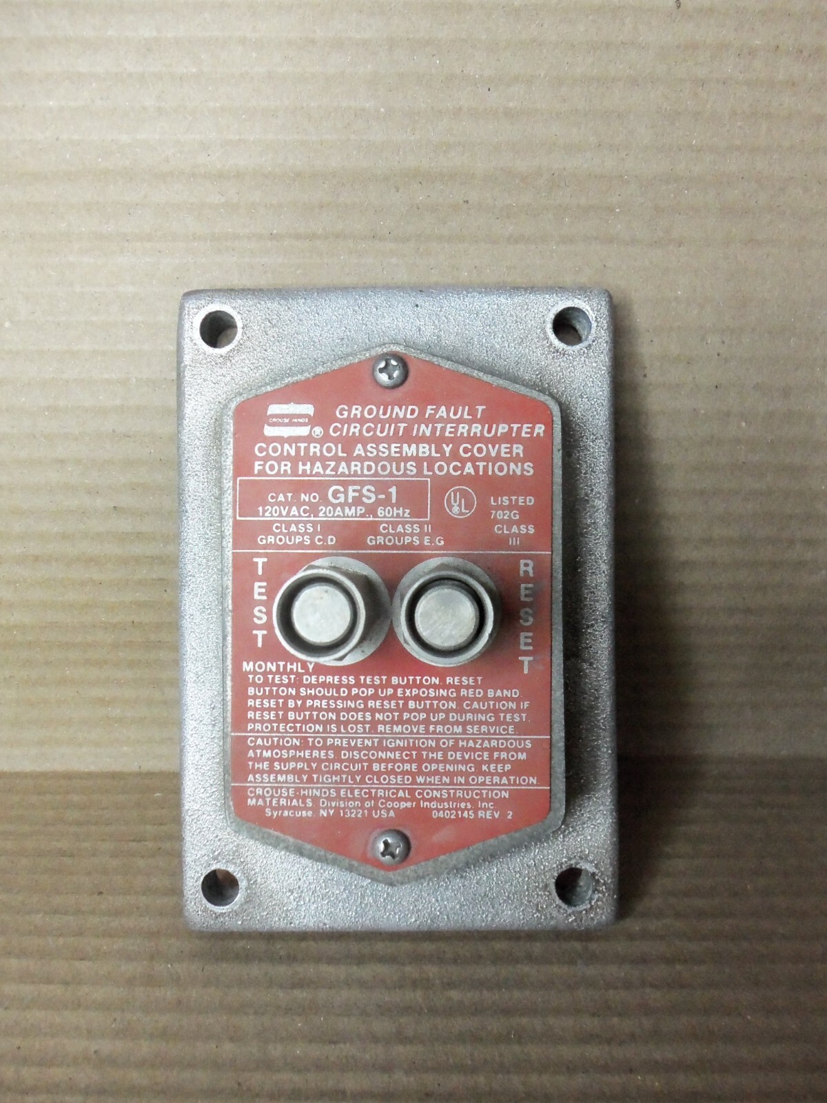 CROUSE HINDS RECEPTICAL INTERLOCK ENR21201 GFS-1 120VAC 20AMP MAY ...