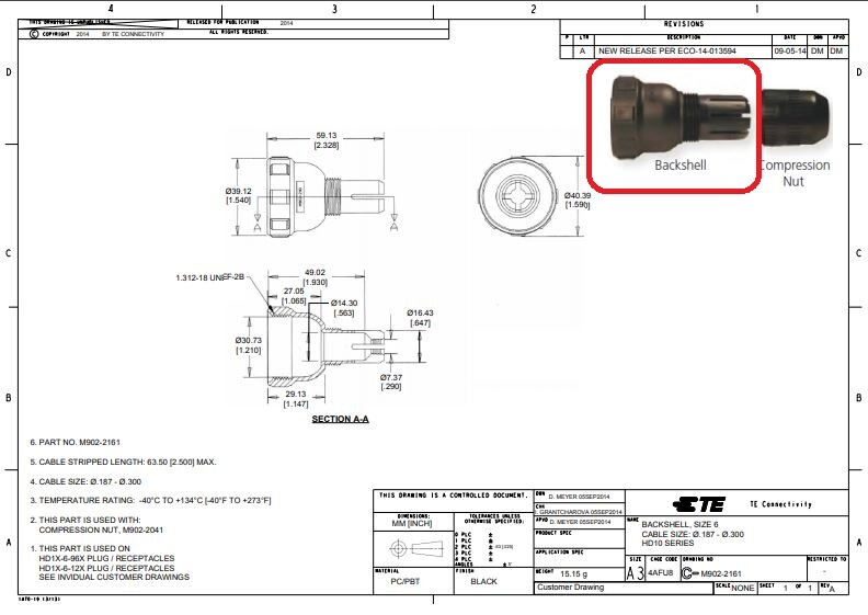 DEUTSCH TE Connectivity M902-2161 HD10 BACKSHELL Size 6 Cable Sz. 0.187 ...