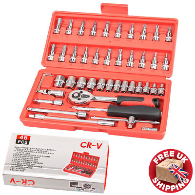 46PC Socket Set 1/4" Drive Metric Ratchet Wrench Spanner Car Repair ...