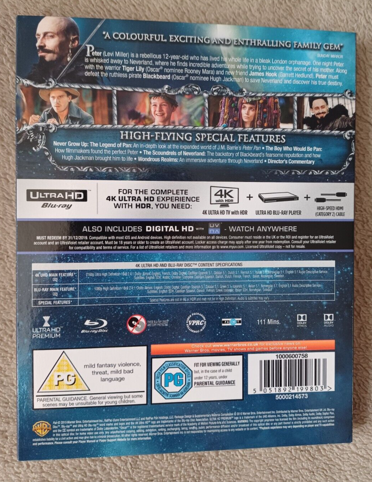 PAN (2015) Hugh Jackman Peter Pan. 4K UHD Ultra HD + BLU RAY - NEW ...