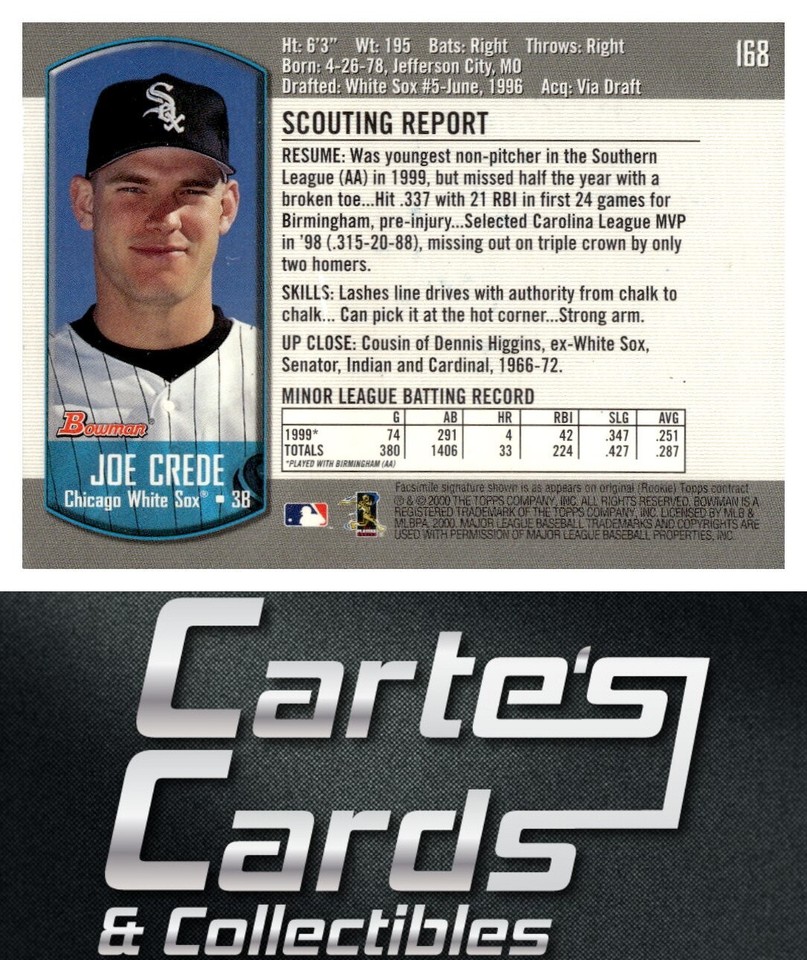 Joe Crede 2000 Bowman #168 Chicago White Sox TTM/IP Signed Autographed ...