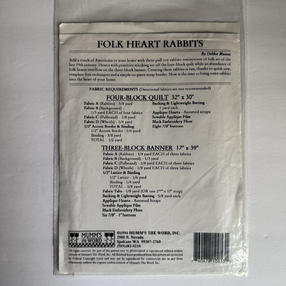 Rabbit Bunny Quilt & Banner Pattern Mumm's The Word Folk Art Debbie ...