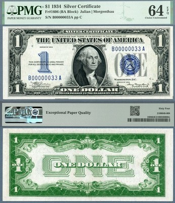 1934 $1 Silver Certificate FR-1606 PMG CU 64EPQ Low Fancy Two Digit S/N ...