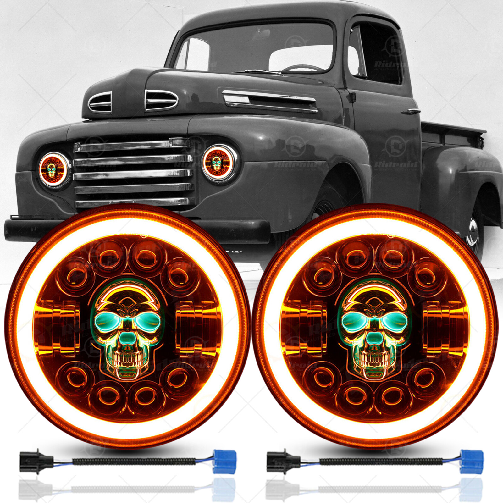 For Ford F1 1948-1952 RGB 7" Inch Round LED Headlights Halo Angel Eyes ...