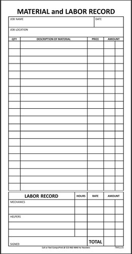 1000 Compact Material & Labor Records / 4.25 x 8.25 / Nebs Deluxe # 230 ...