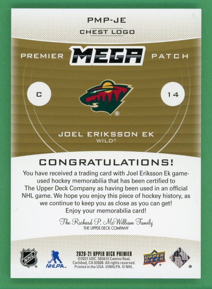 Joel Eriksson EK 2020-21 Upper Deck Premier Mega Patch /18 #PMP-JE | eBay