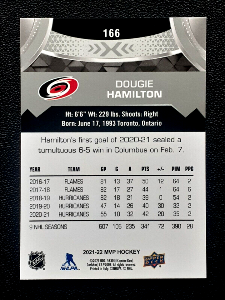 DOUGIE HAMILTON 2021-22 UPPER DECK MVP SILVER SCRIPT 21-22 NO 166 59054 ...