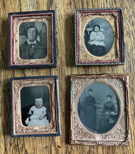 Lot Of 4 Old Framed Tin Type Tintypes Man Woman Child Baby Half Cases ...