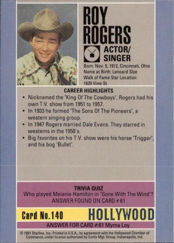 Roy Rogers - Original 1991 Starline Hollywood Walk of Fame - #140 | eBay