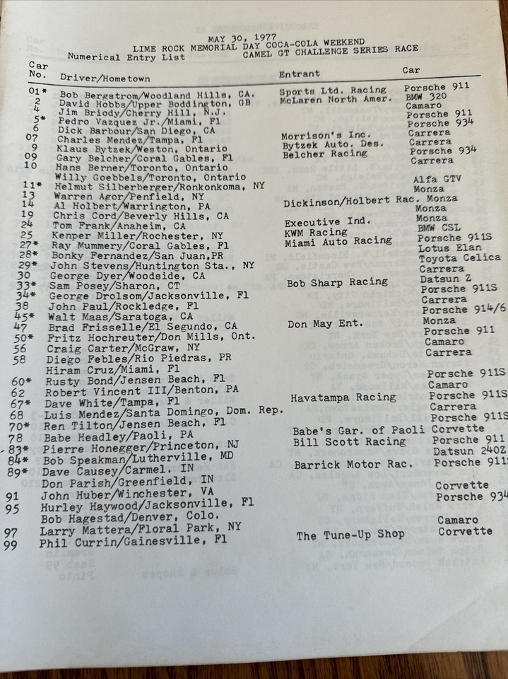 MAY 30, 1977 LIME ROCK PART CAMEL GT SPORTS CAR RACING MAGAZINE W/LINE ...