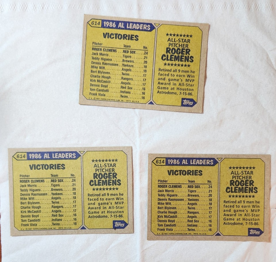 1987 Topps - All-Star Roger Clemens #614, '90 Fleer ERROR #627 x (2 ...