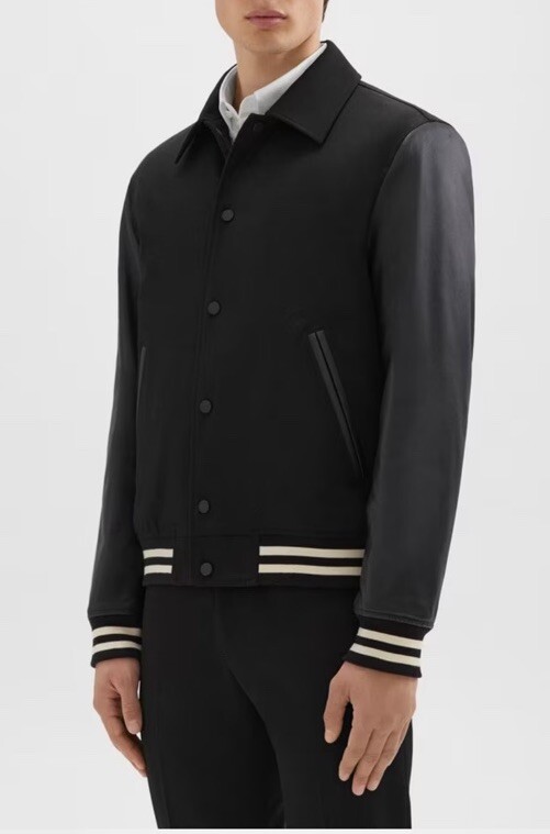 $895 Theory Varsity Jacket Textured Gabardine Lamb Leather Sleeves ...
