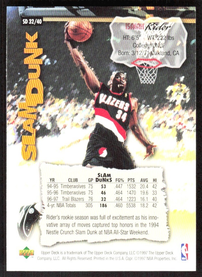 1997-98 7699B UPPER DECK SLAM DUNK Isaiah Rider Portland Trail Blazers ...