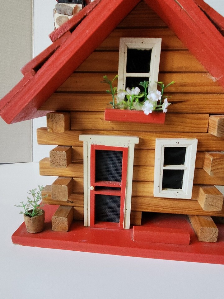 Vintage Wooden Log Cabin Bird Feeder Birdhouse Red Yard Porch Outdoor ...