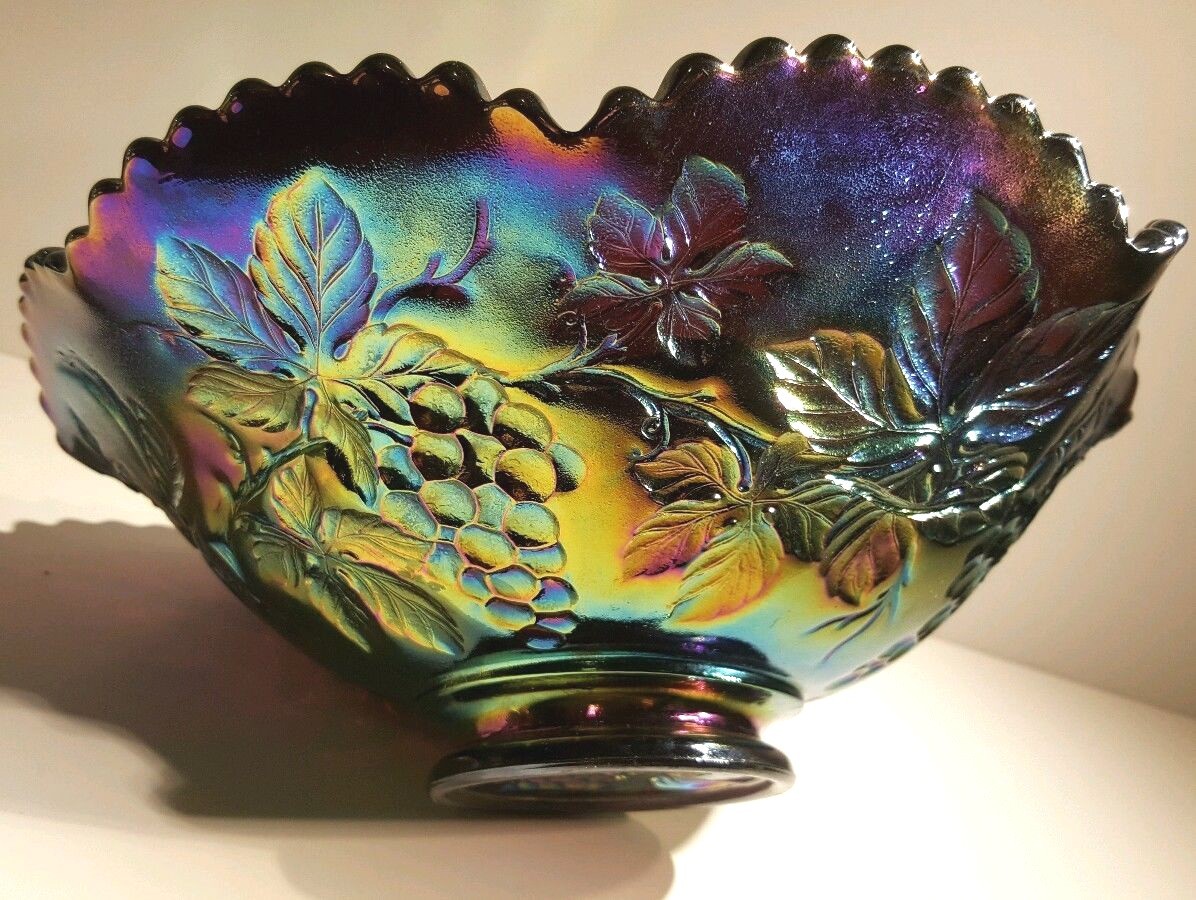 HUGE 11" Northwood Carnival Glass Three Fruits Grape Stippled Bowl Pie ...
