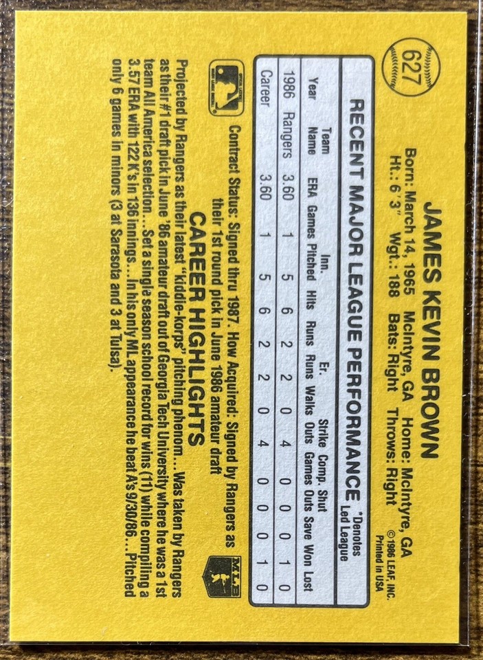 1987 Donruss #627 Kevin Brown Rookie Card RC Texas Rangers EXNM FREE ...