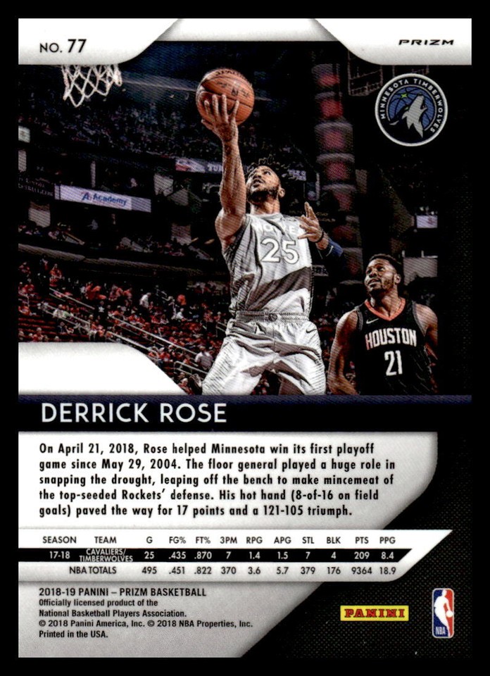 2018-19 Panini Prizm Prizms Ruby Wave #77 Derrick Rose NM-MT Timberwol ...