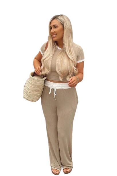 Ladies two piece Women's ribbed contrast cap sleeve crop top trouser Co ...