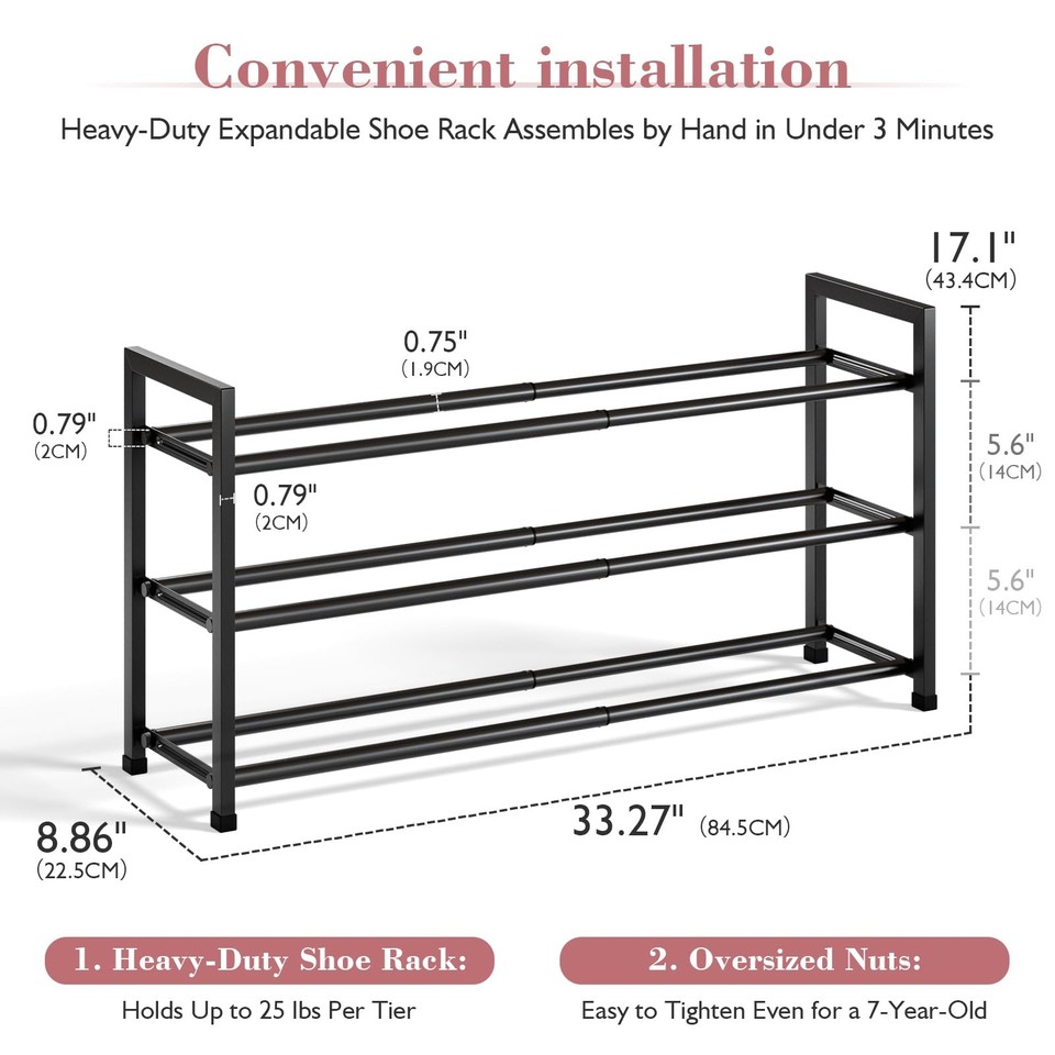 3-Tier Expandable Shoe Rack for Closet, 18“-33” Adjustable Shoe Rack ...