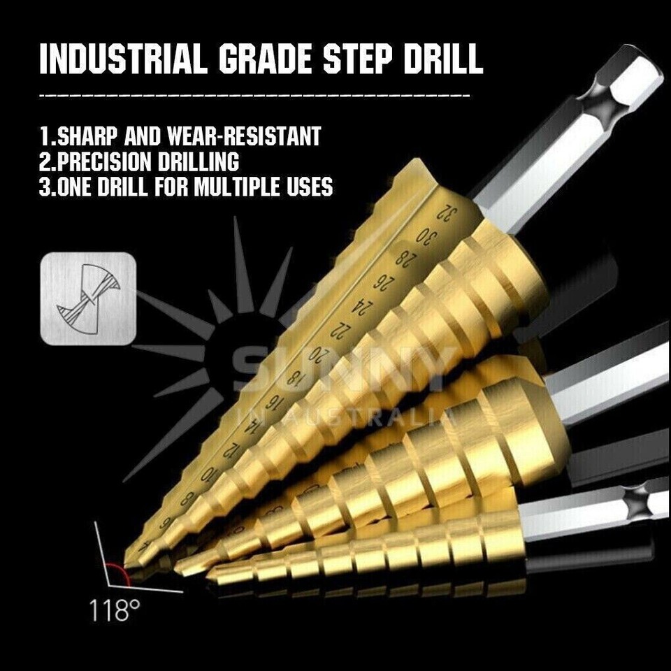 3PCS HSS Steel Step Cone Drill Titanium Metal Hole Cutter Bit Set 4-12 ...