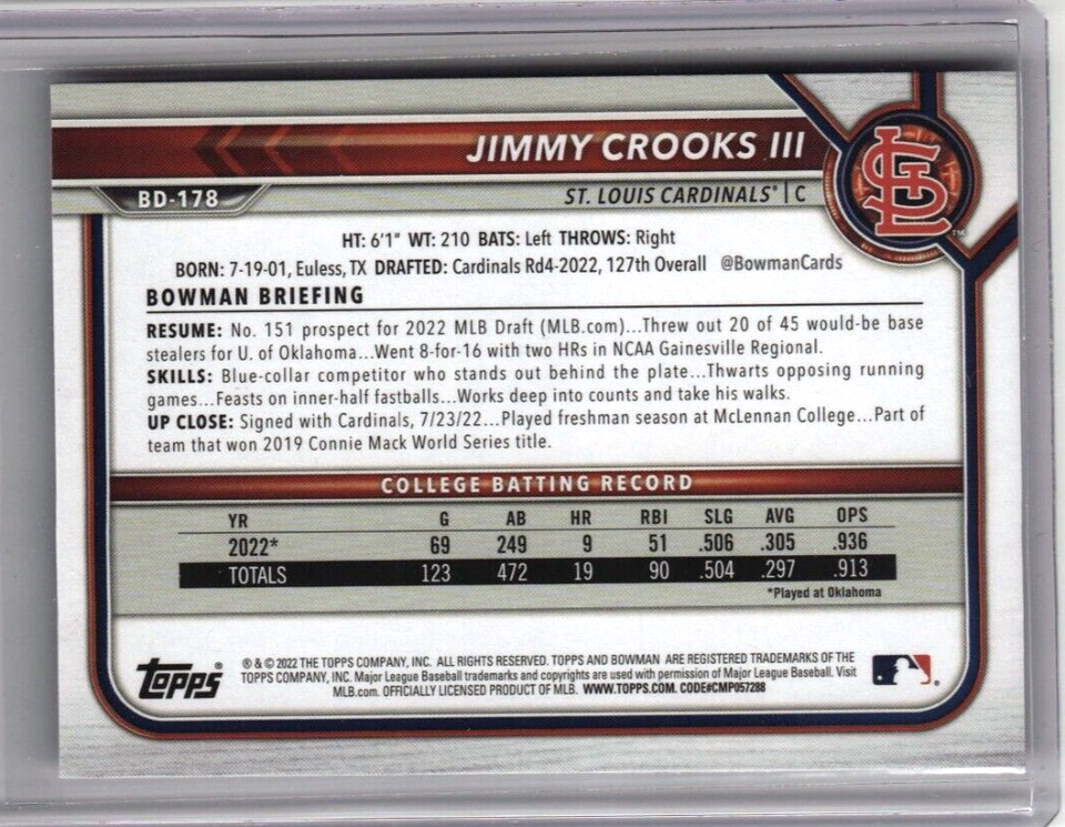 JIMMY CROOKS III ROOKIE 1ST BOWMAN BASEBALL #BD-178 2022 MLB ST. LOUIS ...