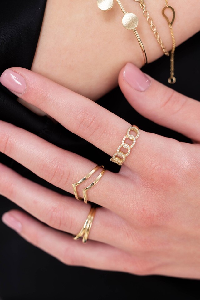 14K Solid Gold Cuban Link Ring: Chunky Cubic Zirconia Statement | eBay