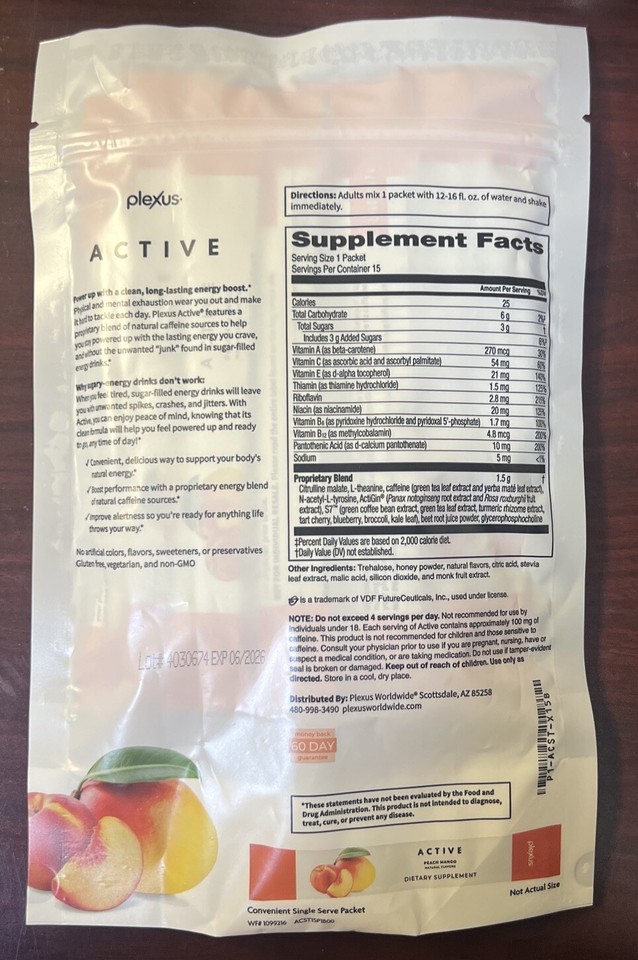 PLEXUS ACTIVE Clean Energy for Every Day: PEACH MANGO 15 PACKETS *NEW*Exp 01/26 | eBay