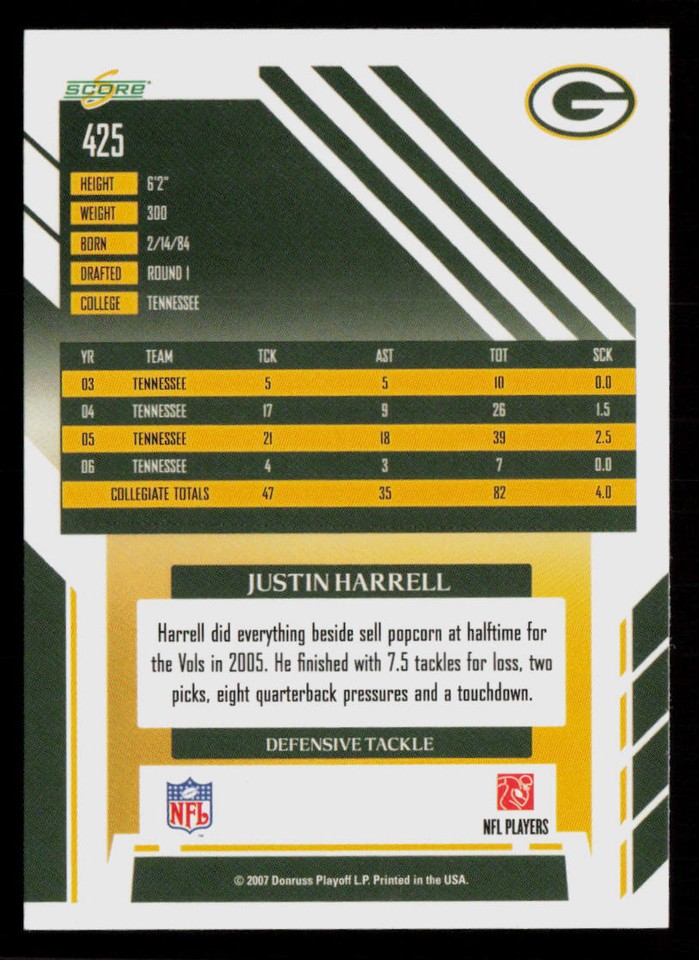 2007 Score #425 Justin Harrell RC Rookie Green Bay Packers Football ...