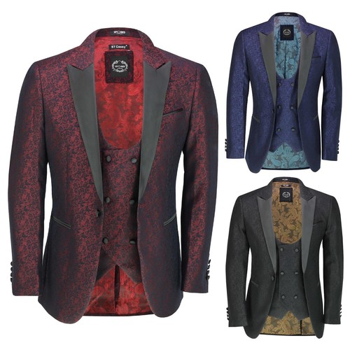Mens Retro Damask Print Dinner Jacket Black Peak Lapel Tuxedo Blazer ...