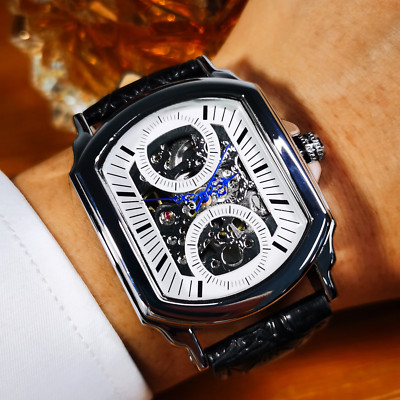 Fashion Rectangle Skeleton Automatic Watch for Men Blue Pointer Top ...