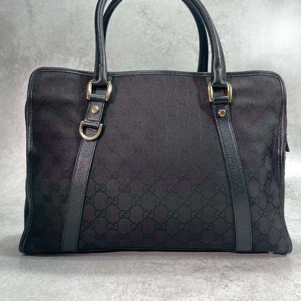 GUCCI GG Canvas and Leather Tote Bag Black Gold Hardware Large Vintage ...