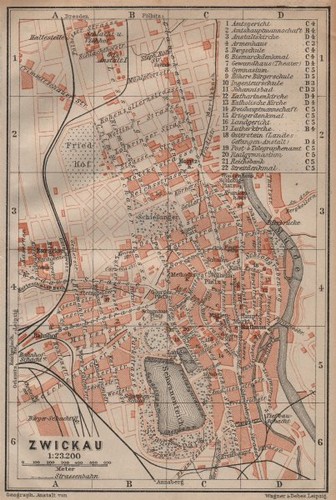 ZWICKAU antique town city stadtplan. Saxony karte. BAEDEKER 1904 old ...