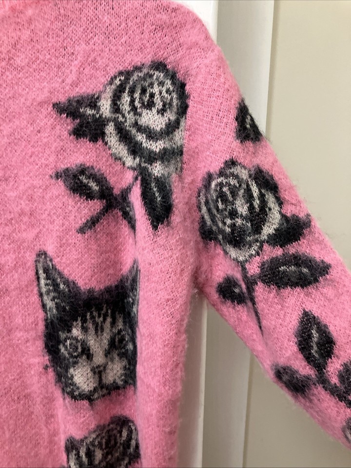 Oxknit Women’s Fuzzy Pink Cat Rose Long Sleeve Sweater Size L New With ...