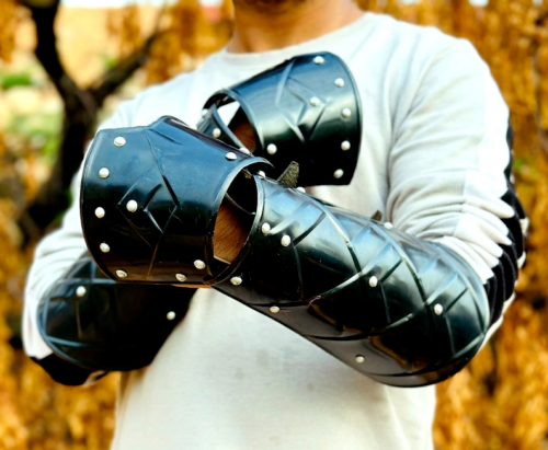 Medieval Arm Guards Metal Warrior Guard Larp Black Bracers Steel gift ...