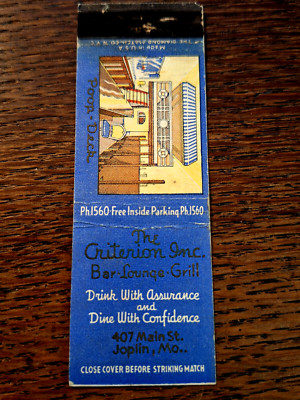 Vintage Matchbook: The Criterion Inc, Bar/Lounge/Grill, Joplin, MO | eBay