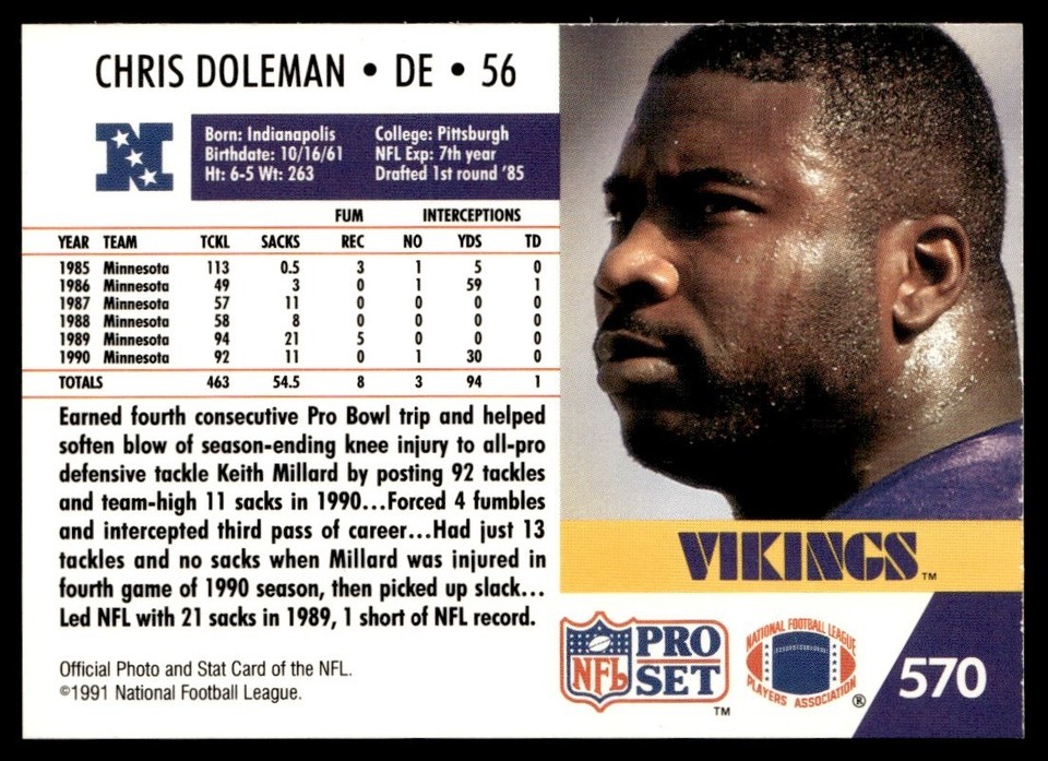 1991 Pro Set Chris Doleman Minnesota Vikings #570 | eBay