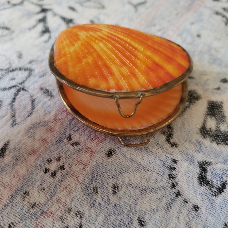 VINTAGE ORANGE SEA SHELL CLAM SHELL COMPACT COIN BRASS HINGED PURSE ...