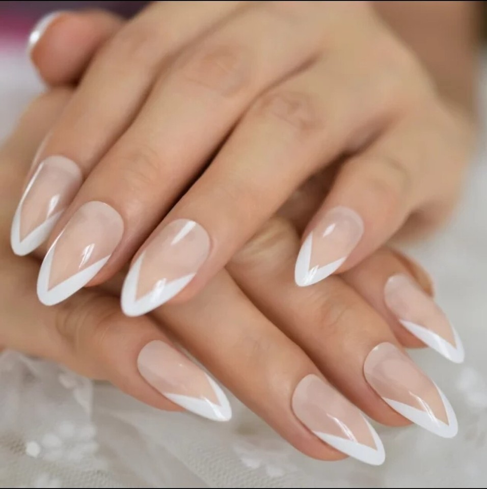24 Medium White Tip Rim Press on nails kit french pointed almond ...