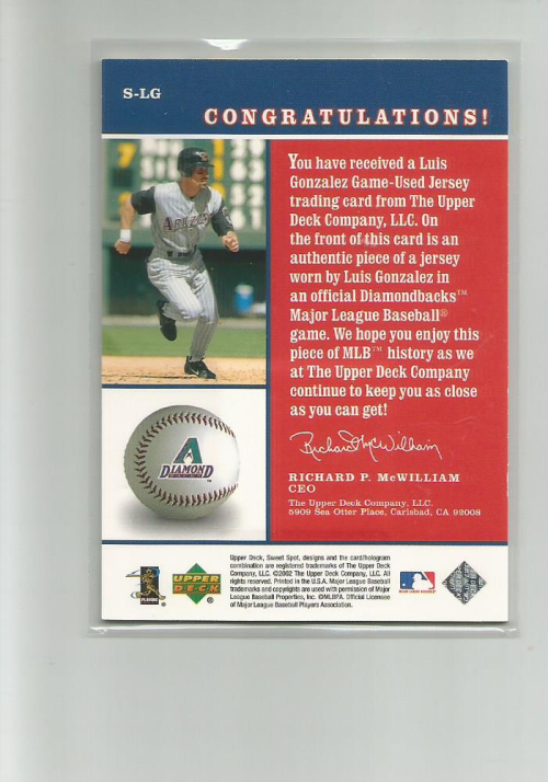 2002 SWEET SPOT SWATCHES #SLG LUIS GONZALEZ JERSEY E129 | eBay
