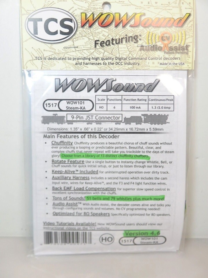 Train Control Systems TCS #1517 HO WOW Sound Steam Decoder V4.6 W/Keep ...