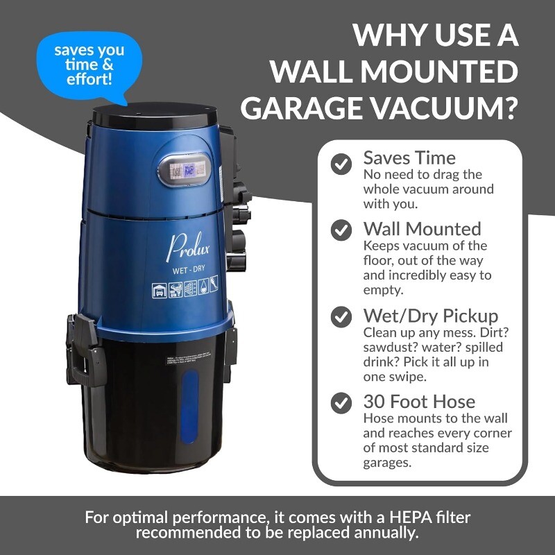 Prolux Professional Shop Blue Wall Mounted Garage Vac, Wet Dry Pick Up ...