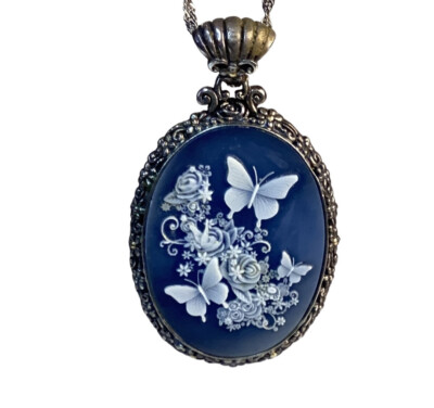ShopHQ Samuel B Carved Blue Agate Butterfly Cameo 21” Chain 925 ...