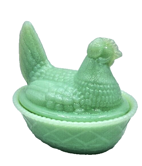CHICKEN JADEITE 5" DEPRESSION STYLE GLASS HEN ON WOVEN NEST WITH SPLIT ...