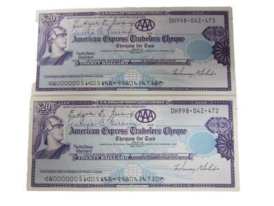 Vint $20 AMERICAN EXPRESS TRAVELERS CHECKS~Sequential Numbers~UNUSED ...