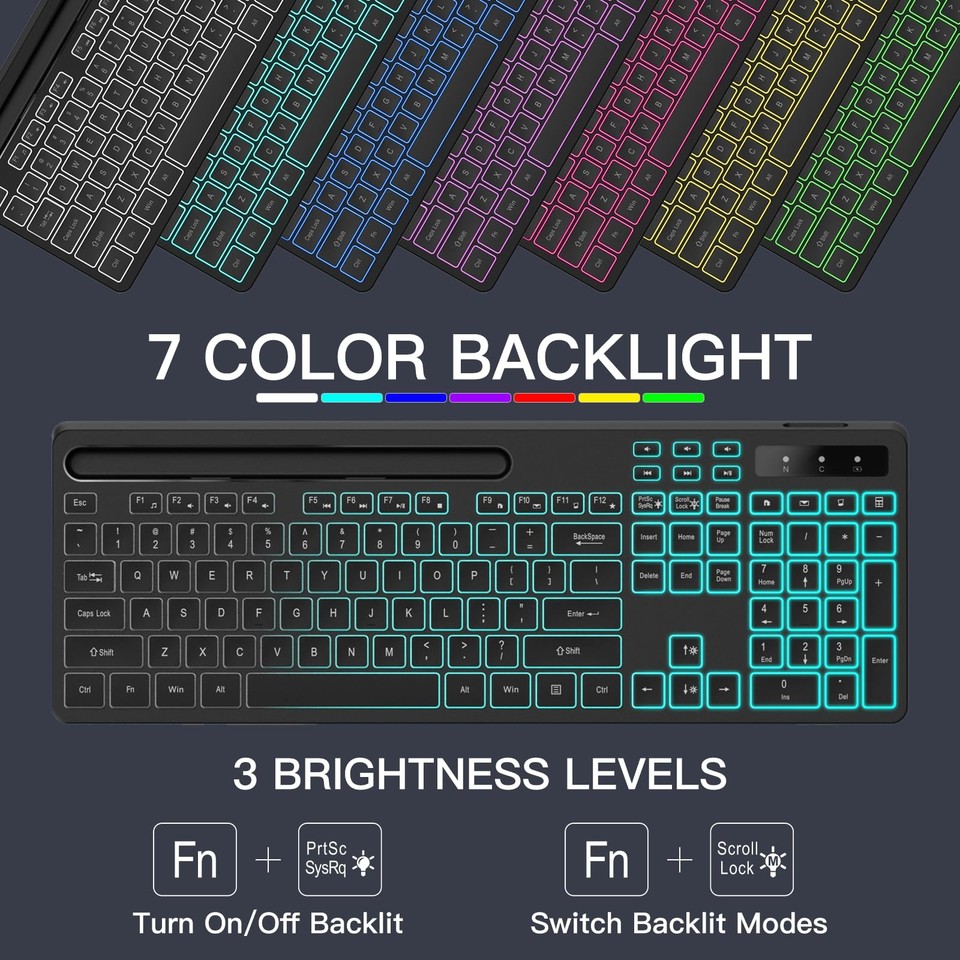 Wireless Keyboard with 7-Color RGB Backlit, Full-Size Computer Keyboard ...