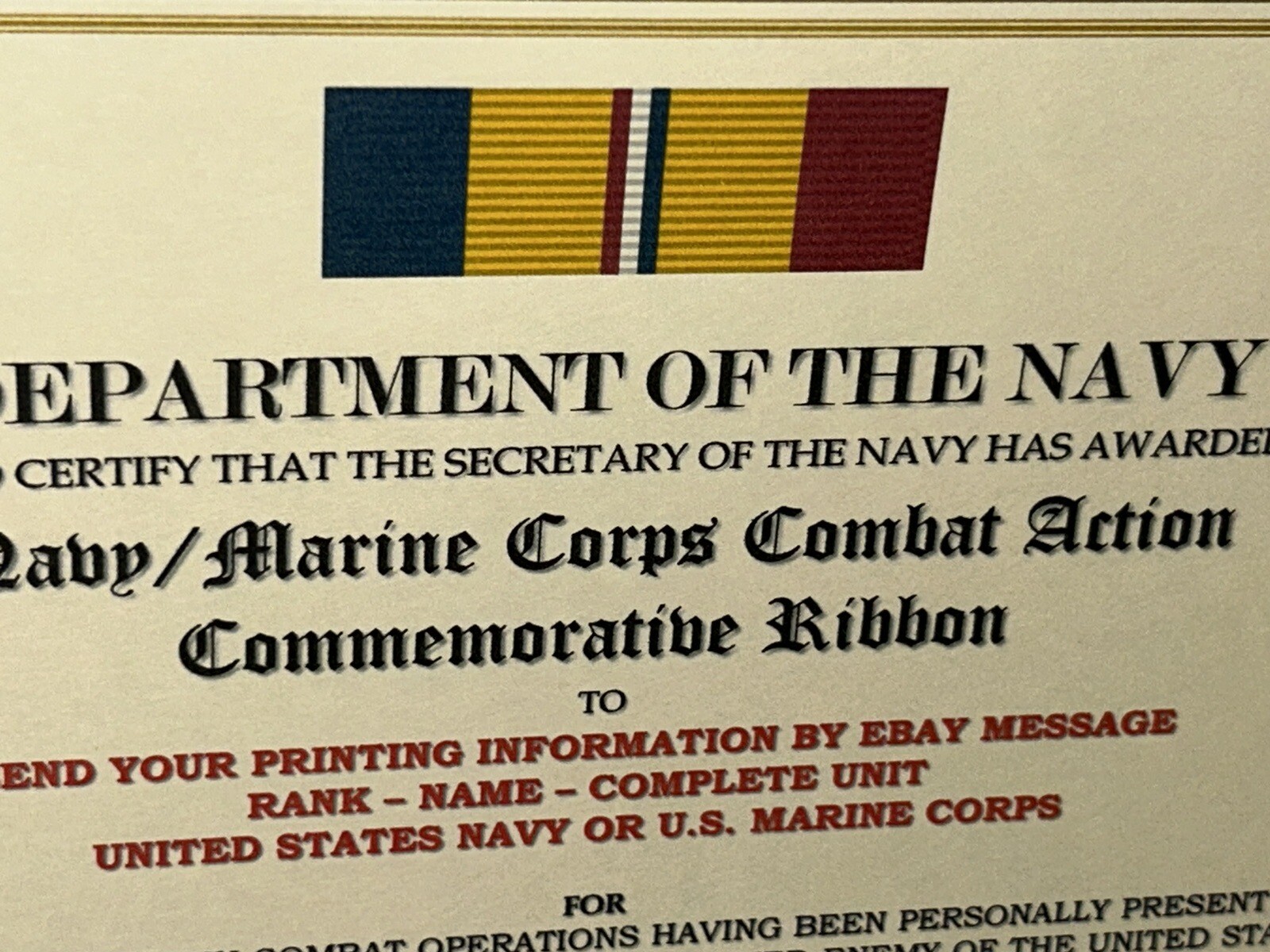 NAVY/USMC COMBAT ACTION COMMEMORATIVE RIBBON CERTIFICATE ~ W/PRINTING T ...