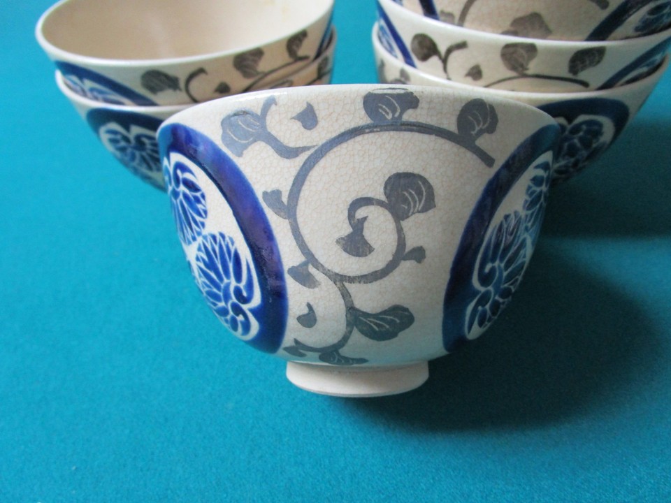 Satsuma JAPAN 6 BOWLS Tokugawa Shogunate crest Gosu blue OVERGLAZ EDO ...